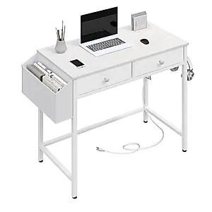 HOOBRO Small White Computer Desk with Power Outlet, 32 Inch Home Office Computer Desk with 2 Fabric Drawers, Study Desk for Small Spaces, with Side Pocket, for Study, Living Room, White WW42UDN01