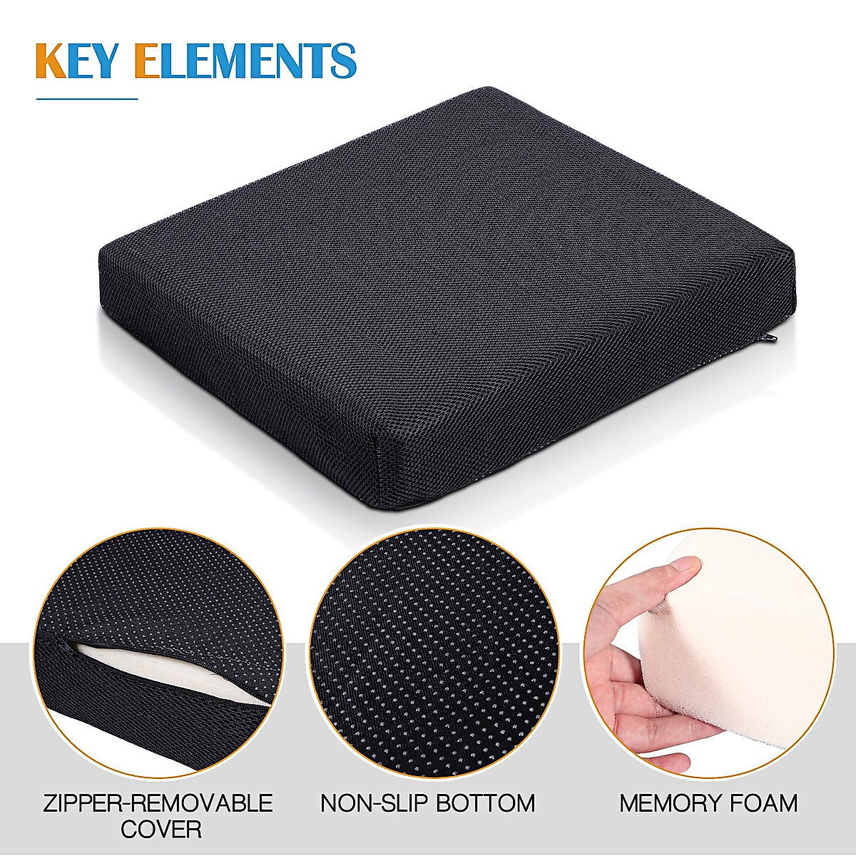 2 Pcs Large Memory Foam Seat Cushion 18 x 16 x 3 Inch Breathable Chair Pad Cushions Comfortable Wheelchair Chair Pillow with Washable Cover for Desk Car Office Back Pain Relief Coccyx Cushion (Black)