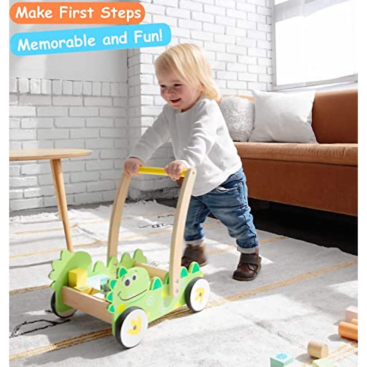 Pidoko Kids Wooden Baby Walker - Toys for 1 Year Old Boy Girl - Push Walker Toy for Babies - Includes Dinosaur Cart, 36 Pcs Building Blocks, Stacking Cups and Book - Learning Walker for Toddlers Gifts