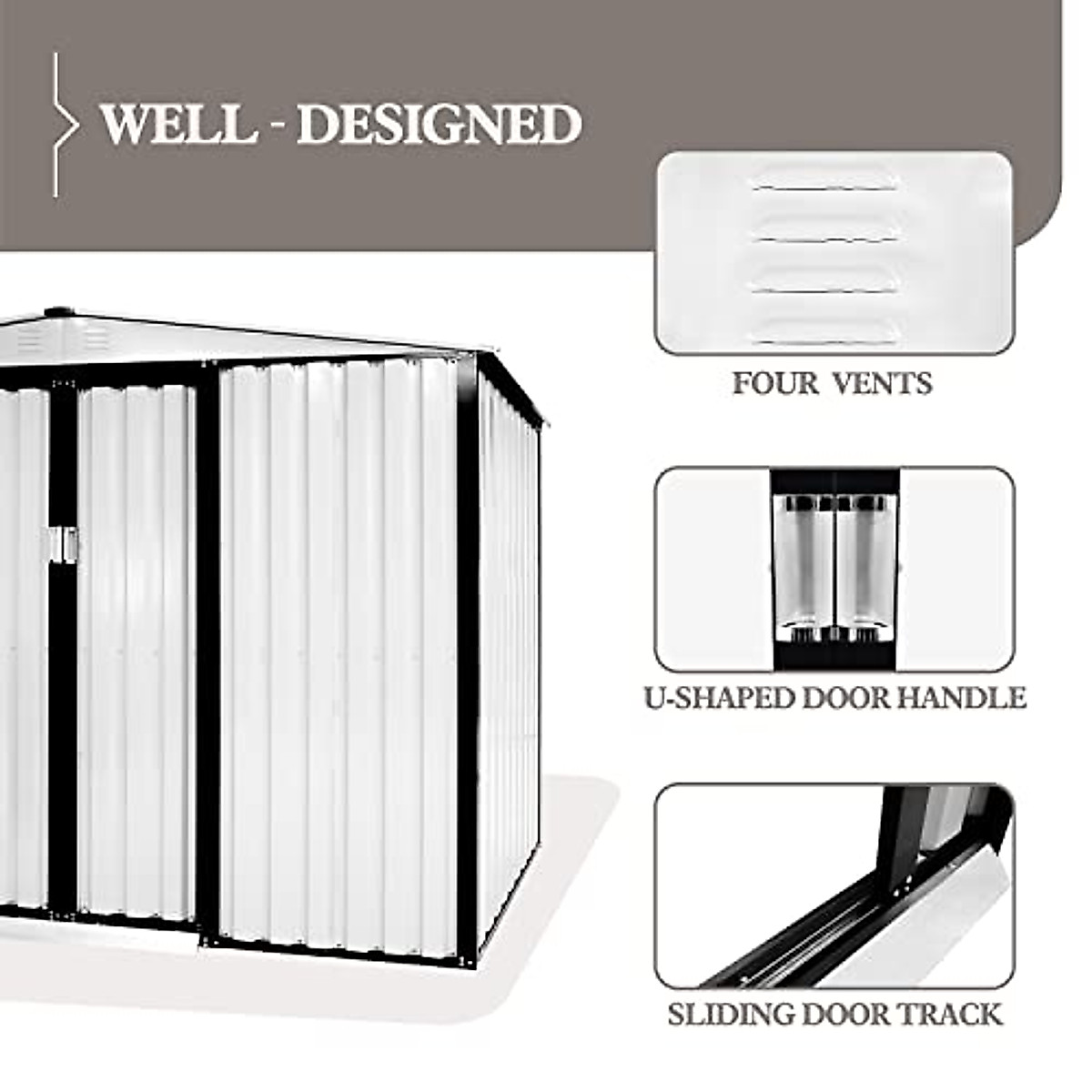 SOLAURA 8'x6' Outdoor Vented Storage Shed Garden Backyard Tool Steel Cabin (White)