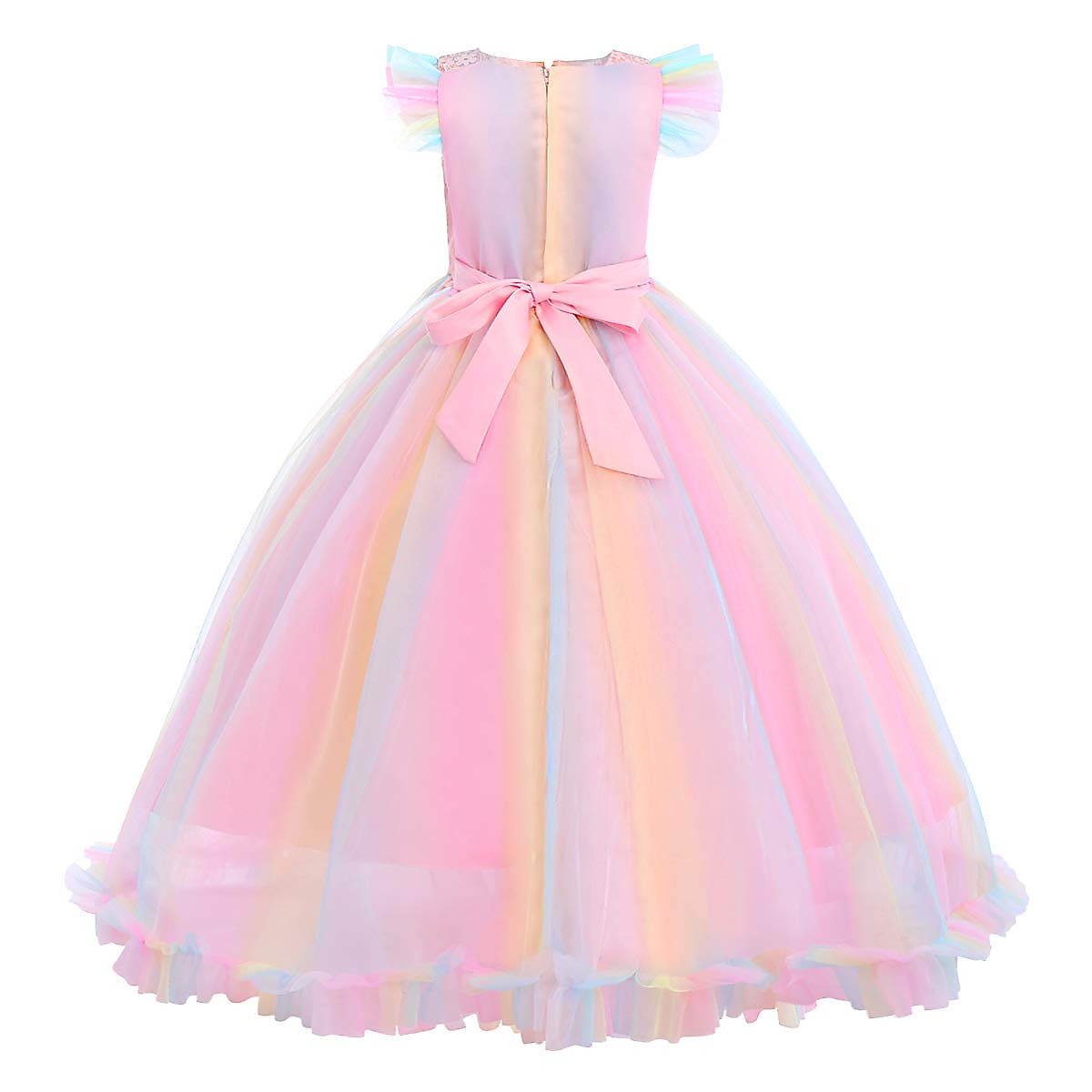 Little Big Girls Rainbow Costume Pageant Princess Party Tulle Dress Kids Floral First Communion Wedding Birthday Halloween Christmas Carnival Long Maxi Ball Gown Rainbow 7-8 Years