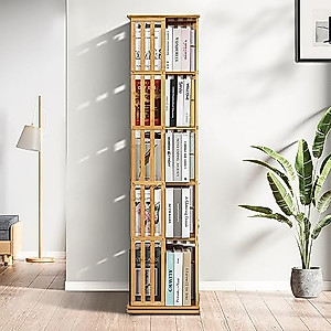Magshion Rotating Bookcase 4-Tier Corner Shelf Bamboo Media Storage, 59.8" High Revolving Floor Standing Storage Organizer Living Room Bedroom 360 Degree Rotating Storage (Natural, Stripe Guardrail)