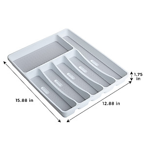Smart Design 6 Compartment Plastic Drawer Organizer - Non-Slip Lining and Feet - BPA Free - Utensils, Flatware, Office, Personal Care, or Makeup Storage - Kitchen - White with Gray