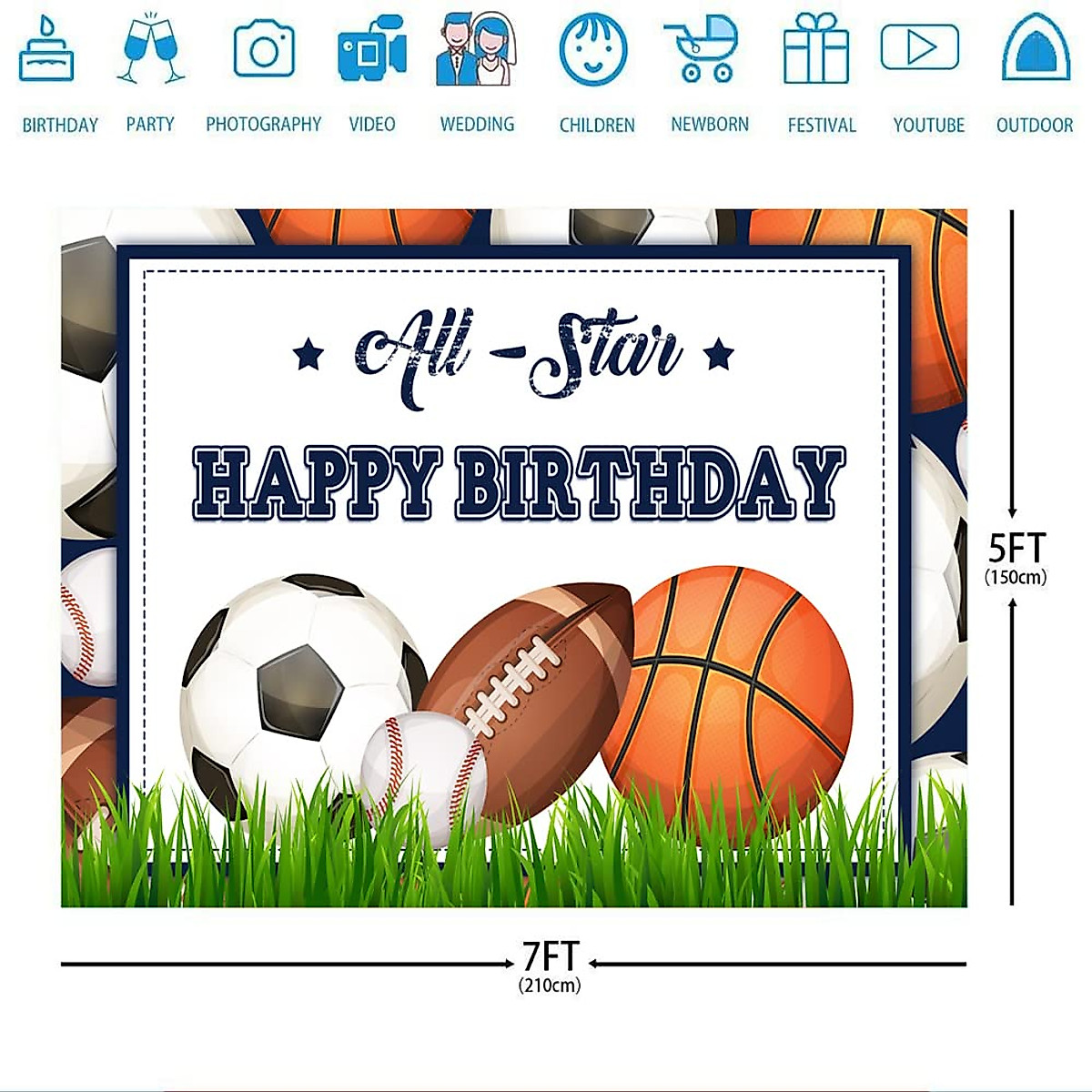 Ticuenicoa 7x5ft Ball Sports Happy Birthday Backdrop All Star Boys Football Basketball Baseball Rugby Kids Birthday Background Portrait Party Decoration Cake Table Photo Studio Booth Prop