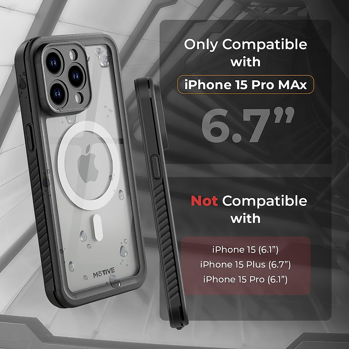 MOTIVE Waterproof Case for iPhone 15 Pro Max, Built-in Screen Protector, Compatible with MagSafe, Dustproof, Shockproof, Complete 360° Water Resistance case for iPhone 15 Pro Max 6.7" | Black