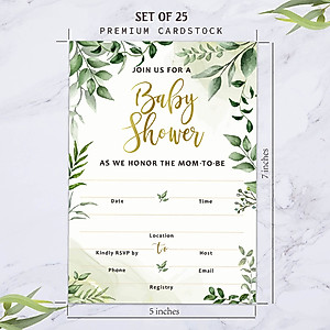 25 Double-Sided Greenery Baby Shower Invitation Set with Envelopes,Gender Neutral Blank Fill-in Invites for Boy or Girl, Double-Sided Diaper Raffle, Thank You Cards and Seals