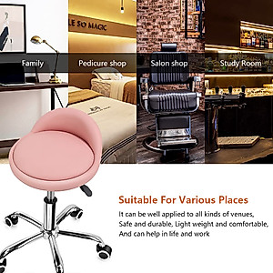 KKTONER PU Leather Round Rolling Stool with Back Rest Height Adjustable Swivel Drafting Work SPA Task Chair with Wheels Pink