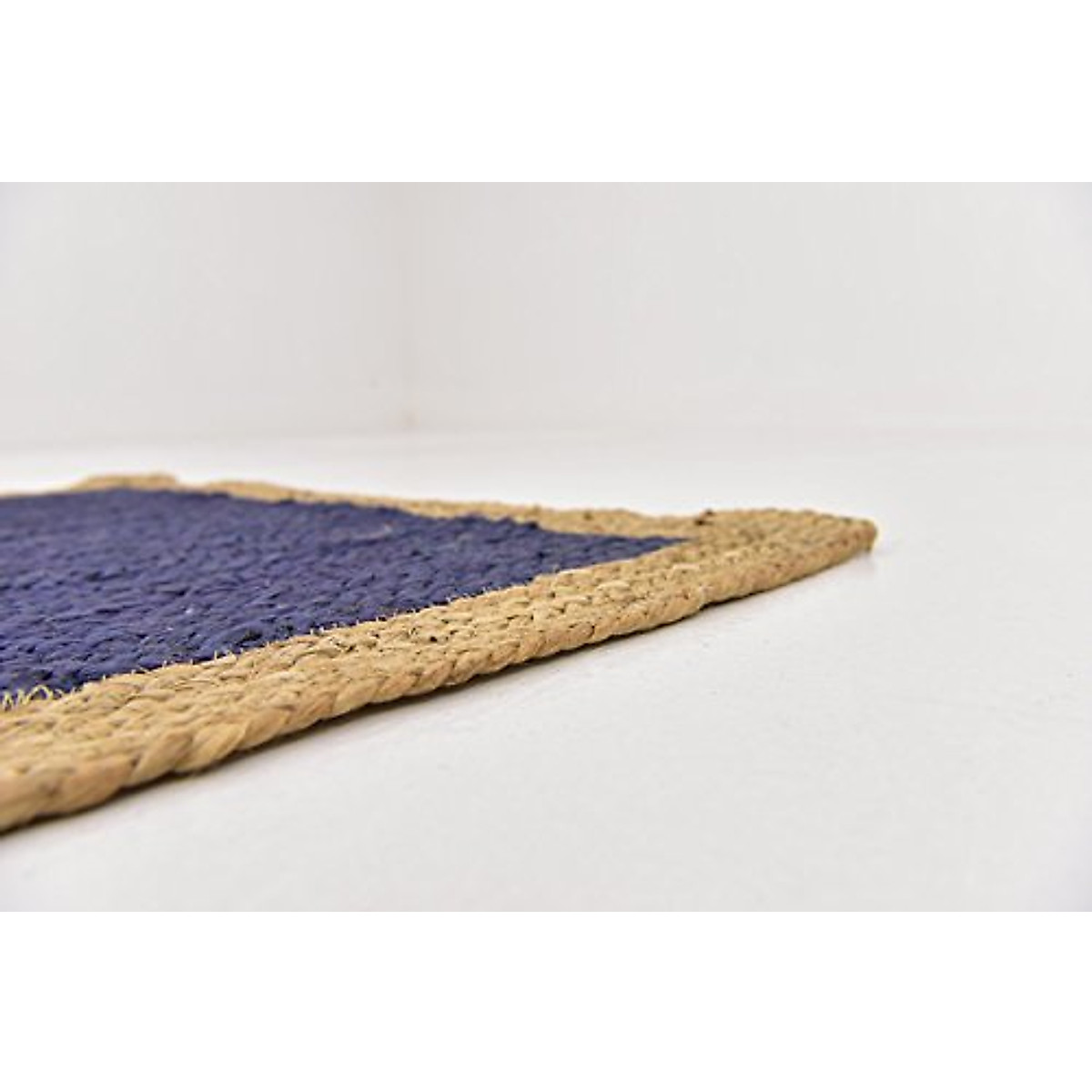 Unique Loom Braided Jute Collection Classic Quality Made Natural Hand Woven with Solid Color Detail, Area Rug, Runner 2' 6" x 6' 0", Navy Blue/Tan