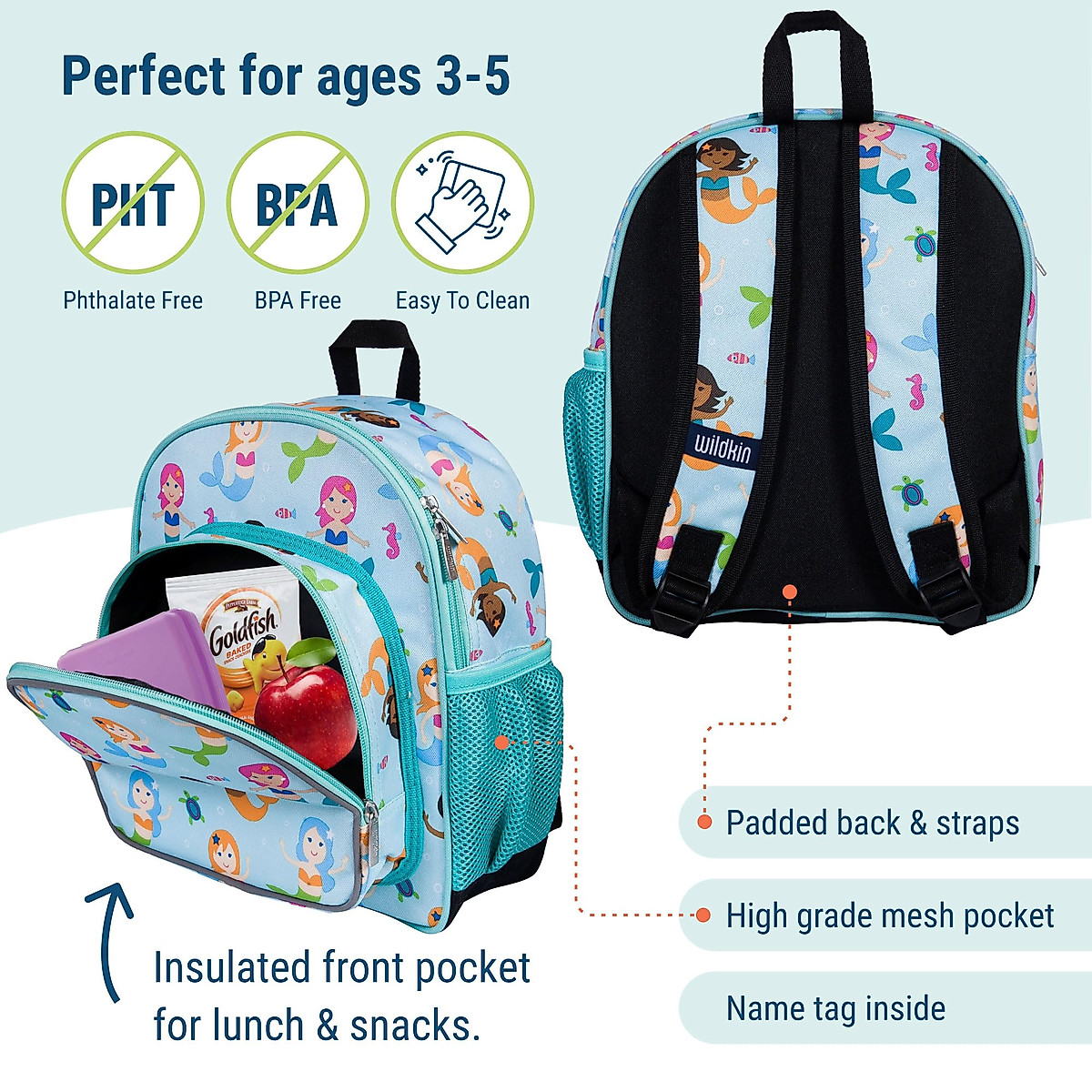 Wildkin 12 Inch Kids Backpack with Modern Nap Mat (Mermaids)