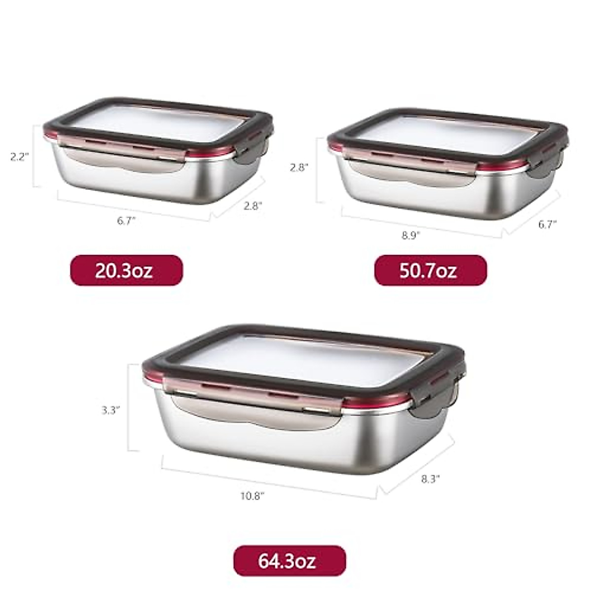 ATRDTO 3Pieces Stainless Steel Food Storage Container with Lids Airtight Metal Food Containers Stackable Meal Prep Leftover Containers for Freezer Fridge Oven Dishwasher Safe 20oz/50oz/64oz