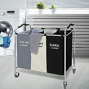 Laundry Hamper, Large Storage Basket Sorter 3 Section Bag Organizer for Dirty Clothes - Toys - Towel,16 X 30 X 35 inch Heavy Duty Laundry Cart Baskets with Wheels in Laundry Room Organization (white)