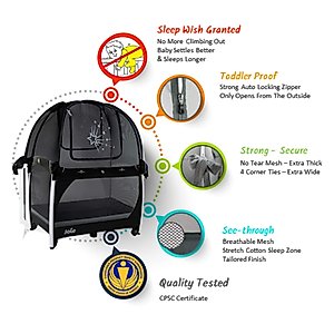 Aussie Cot Net Crib Tent Fits a Pack n Play - Portable Travel Tent to Keep Baby from Climbing Out - Black Crib Netting Helps Settle Baby to Sleep Better and Longer