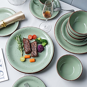 Sinouso 16 Piece Stoneware Dinnerware Set, Dinnerware Set for 4, Plates and Bowls Sets, Plates, Bowls, Cups, Microwave Dishwasher Safe, Service for 4 (Green Dot)