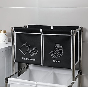 CEMKAR Laundry Basket 2-Tier Vertical Laundry Sorter with 4 Removable Bags for Laundry,with Four Wheels for Easy Movement， Small Spaces and Closets, Black and White