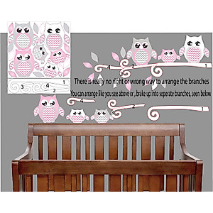 Pink Owl Wall Decals Stickers Owl Children's Nursery Wall Decor (Grey and Pink Owl Wall Decals)