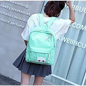 hainan Cat Backpacks Set for Teenage Girls and Student Kitty Printing Bookbag Cute School Bags Teen Girls 4 pcs for One Set Green one size