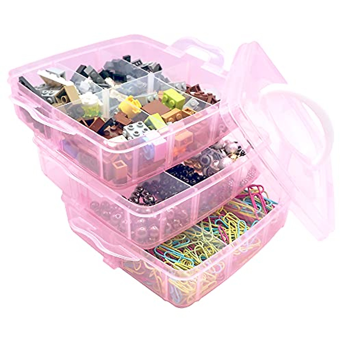 2 Pack - Small Pink Stackable Craft Organizer Box, 3-Layer Small Storage Container Case, with Adjustable Compartments for Beads, Crafts, Jewelry, Fishing Tackle (5.75 x 5.75 x 5 inches)