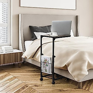 C Shaped Side Table End Table for Couch Sofa and Bed Small Snack Table with Wheels Height Adjustable C Table for Small Spaces Living Room Bedroom Metal Frame, Grey
