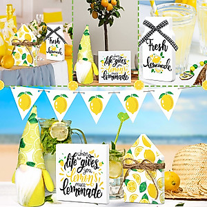 10 Pcs Tiered Tray Decor Fresh Wooden Tiered Try Decor Kitchen Decor Signs Wood Standing Sign Farmhouse Bead Garland Banner for Summer Peach Lemon Watermelon Strawberry Cherry Decor (Fresh Lemon)