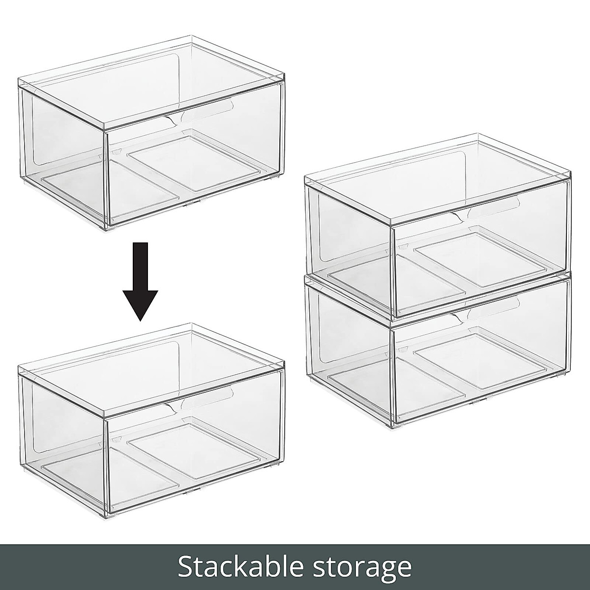 mDesign Plastic Wide Stackable Closet Storage Organizer Bin Containers with Front Pull Drawer for Cabinet, Desk, Shelf, Cupboard, or Dresser Organization - Lumiere Collection - 4 Pack - Clear
