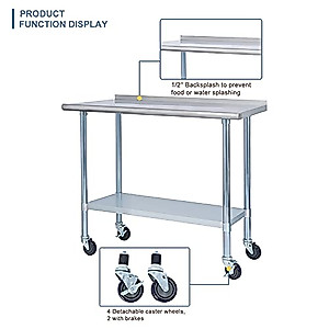 EASE-WAY Stainless Steel Metal Table NSF for Commercial Kitchen Prep Table, 24 x 36 Inches Worktable with Backsplash, Adjustable Under Shelf and Caster Wheel for Industrial Restaurant, Home and Garage