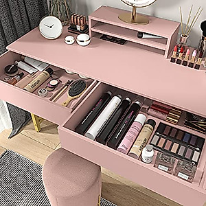 WESTREE Women Makeup Vanity Desk with 2 Drawers - Bedroom Home Office Desk, Wooden Height Monitor Stand & Storage Shelf Without Mirror, Pink Table Great Gift for Her