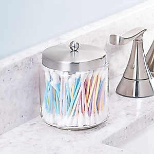 iDesign Forma Glass Bathroom Vanity Glass Apothecary Jar with Lid for Cotton Balls, Swabs, Cosmetic Pads, Candy, 3.5" x 4.5", Clear and Brushed Stainless Steel