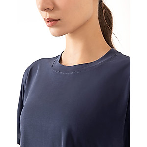 Gnveub Women's Lightweight Short Sleeves Yoga Shirt Soild Basic Crew Neck Crop Tops Athletic Workout Top(Navy,M)