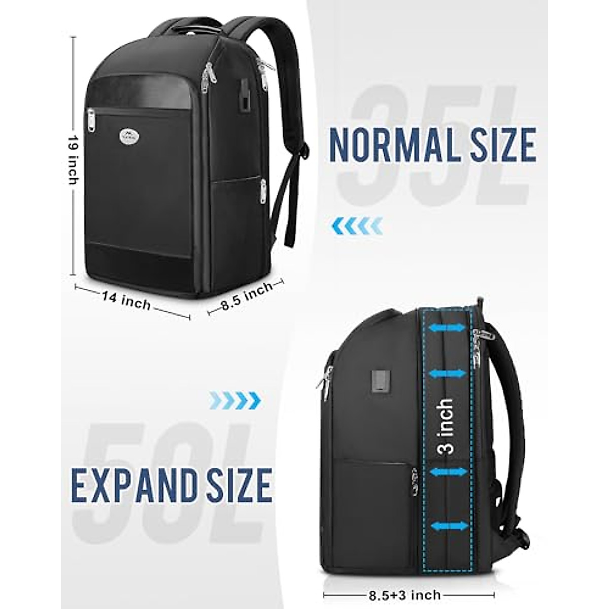 MATEIN Laptop Backpack for Men, 50L Expandable Business Carry on Backpack with USB Port & Wet Bag Fits 17 Inch Computer, Large Waterproof TSA Smart Flight Approved Weekender Travel Bag Gifts, Black