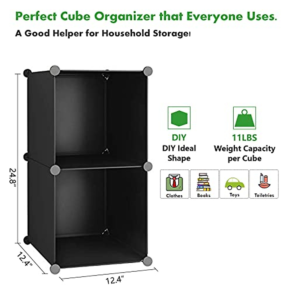 C&AHOME Cube Storage, 2-Cube Organizer Units, Plastic Closet Storage Shelves, DIY Book Shelf, Modular Bookcase, Cabinet Ideal for Bedroom, Living Room, Home Office, 12.4" L x 12.4" W x 24.8" H Black