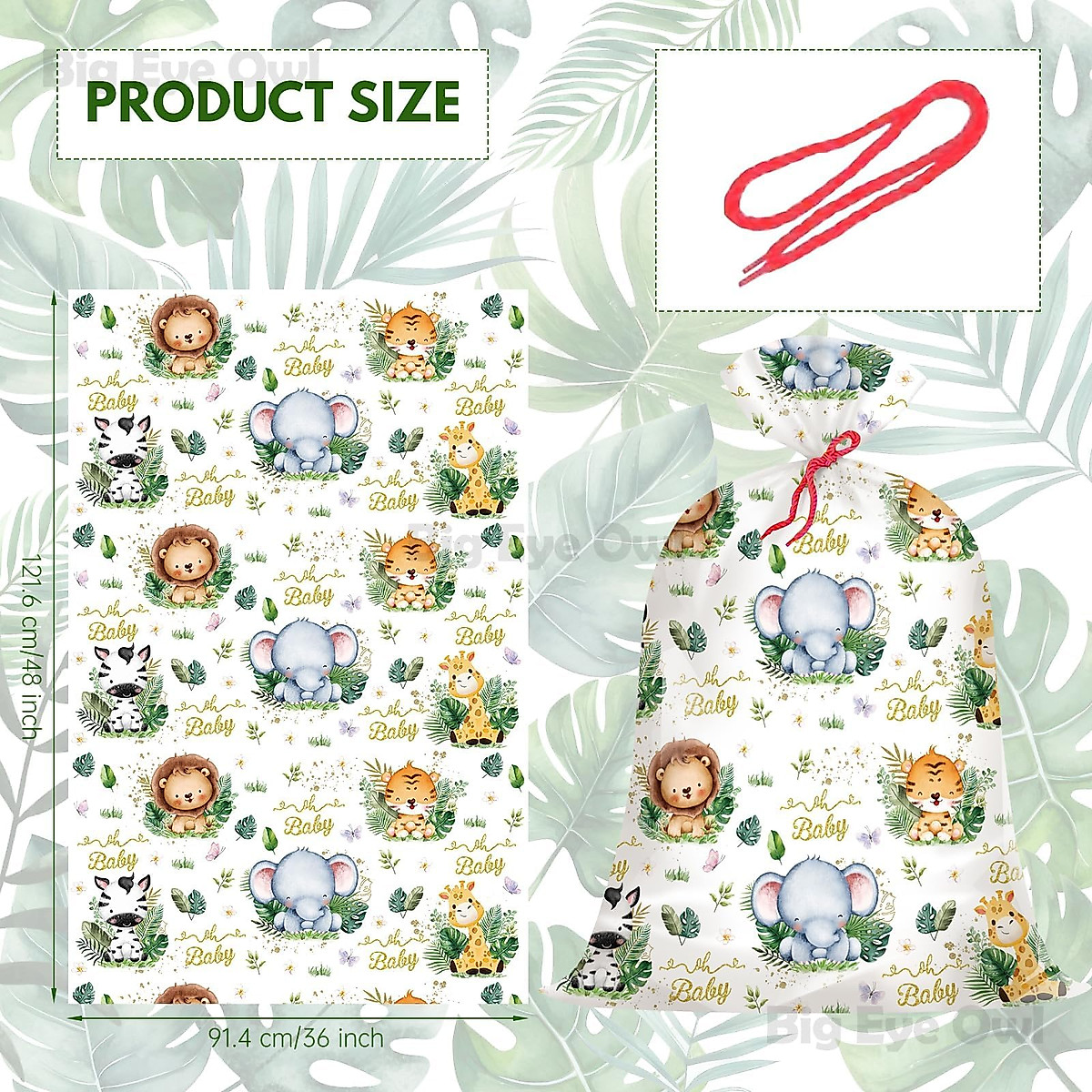 Large Baby Shower Bags Safari Jungle Animals Gift Bags Plastic Present Bag Gift Wrap Baby Shower Gender Reveal Party Birthday Party Favors Supplies with Ropes 36 * 48 Inch
