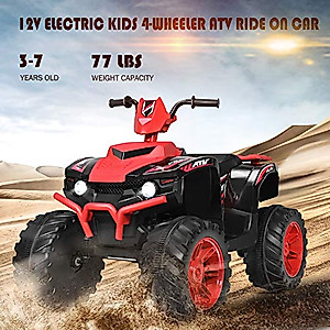 Costzon Kids ATV, 12V Battery Powered Electric Vehicle w/LED Lights, High & Low Speed, Horn, Music, USB, Treaded Tires, Ride on Car 4 Wheeler Quad for Boys & Girls Gift, Ride on ATV (Red)