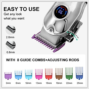 Hatteker Hair Clippers for Men Professional, Cordless Barber Clippers for Hair Cutting and Grooming, Upgrade Rechargeable Beard Trimmer Large Smart LED Display & IPX7 Waterproof (Silver)