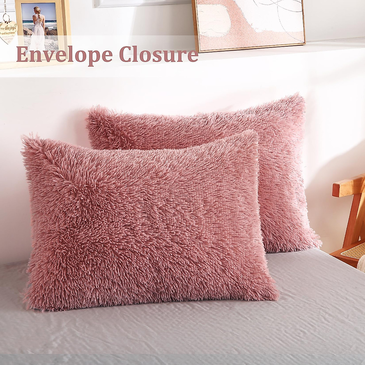 CAROMIO Fluffy Duvet Cover Set King Size, Luxury Soft Faux Fur Duvet Cover with Button Closure Corner Ties, 3 Piece Shaggy Bedding Set with 2 Pillow Sham for Cold Winter (King, Pink)