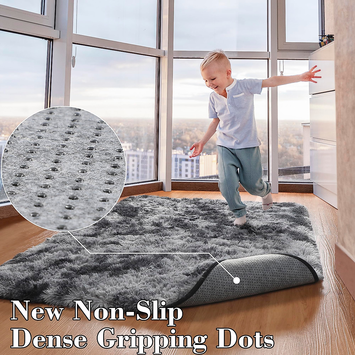 SAZAMI Fluffy Soft Shag Area Rug 4x6 Tie-Dye Dark Grey Fuzzy Non-Slip Accent Rug for Bedroom, Small Thick Throw Rugs for Nursery Playroom Dorm, Home Modern Plush Furry Carpet Decor for Kids Teen Baby