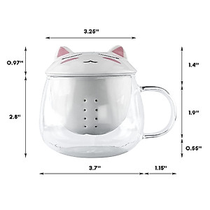Cute Cat Creations, Crazy Cat LadyLovers Glass 300ml10oz Tea Cup with Tail Handle & Kitty Kat Ears Ceramic Lid, Kawaii Teacup with Ceramic Tea Leaf InfuserSteeperStrainer