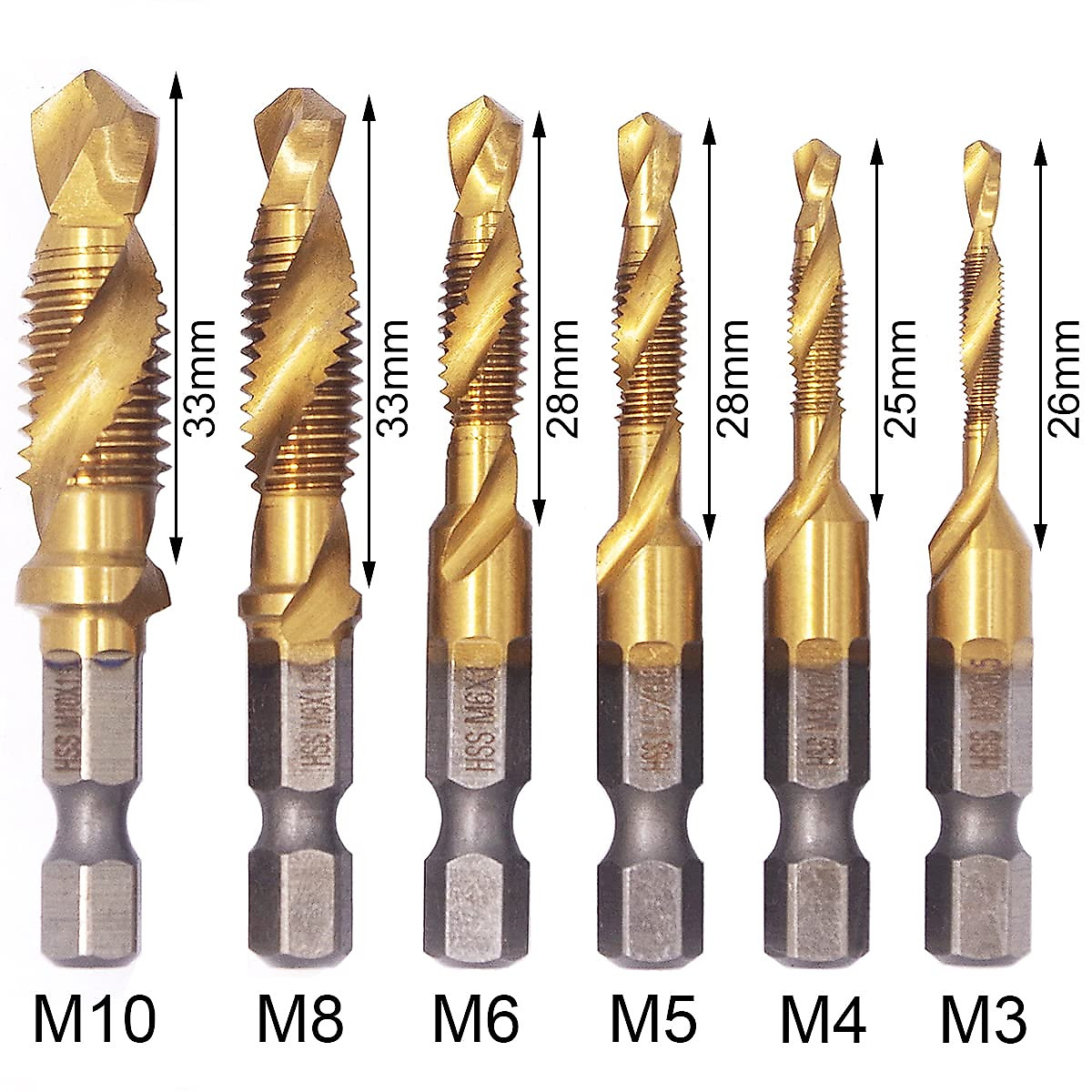 Wolfride 6PCS Tapping Drill Bit Set Metric Drill Tap Combination Bit Set M3 M4 M5 M6 M8 M10 Spiral Tap Drill Bit