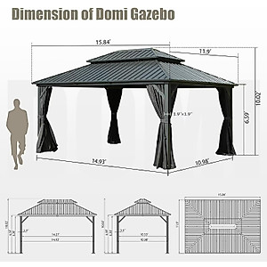 Domi 12’ X 16’ Hardtop Gazebo Canopy with Netting & Curtains, Outdoor Aluminum Gazebo with Galvanized Steel Double Roof for Patio Lawn and Garden, Gray
