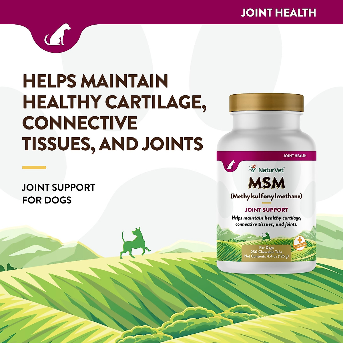 NaturVet Methylsulfonylmethane Joint Support Dog Supplement – Helps Support Healthy Cartilage, Tissue and Joints in Dogs – Includes MSM, Sulfur-Rich Compounds – 250 Ct.