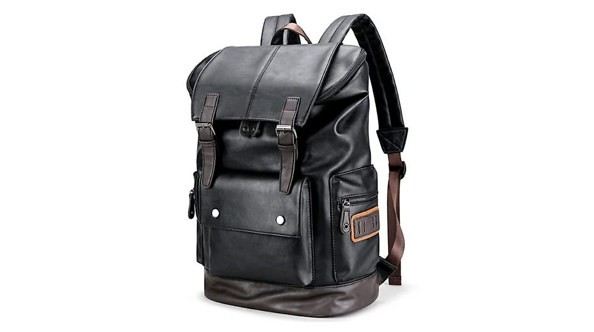 Stylish CHAO RAN Black Leather Laptop Backpack