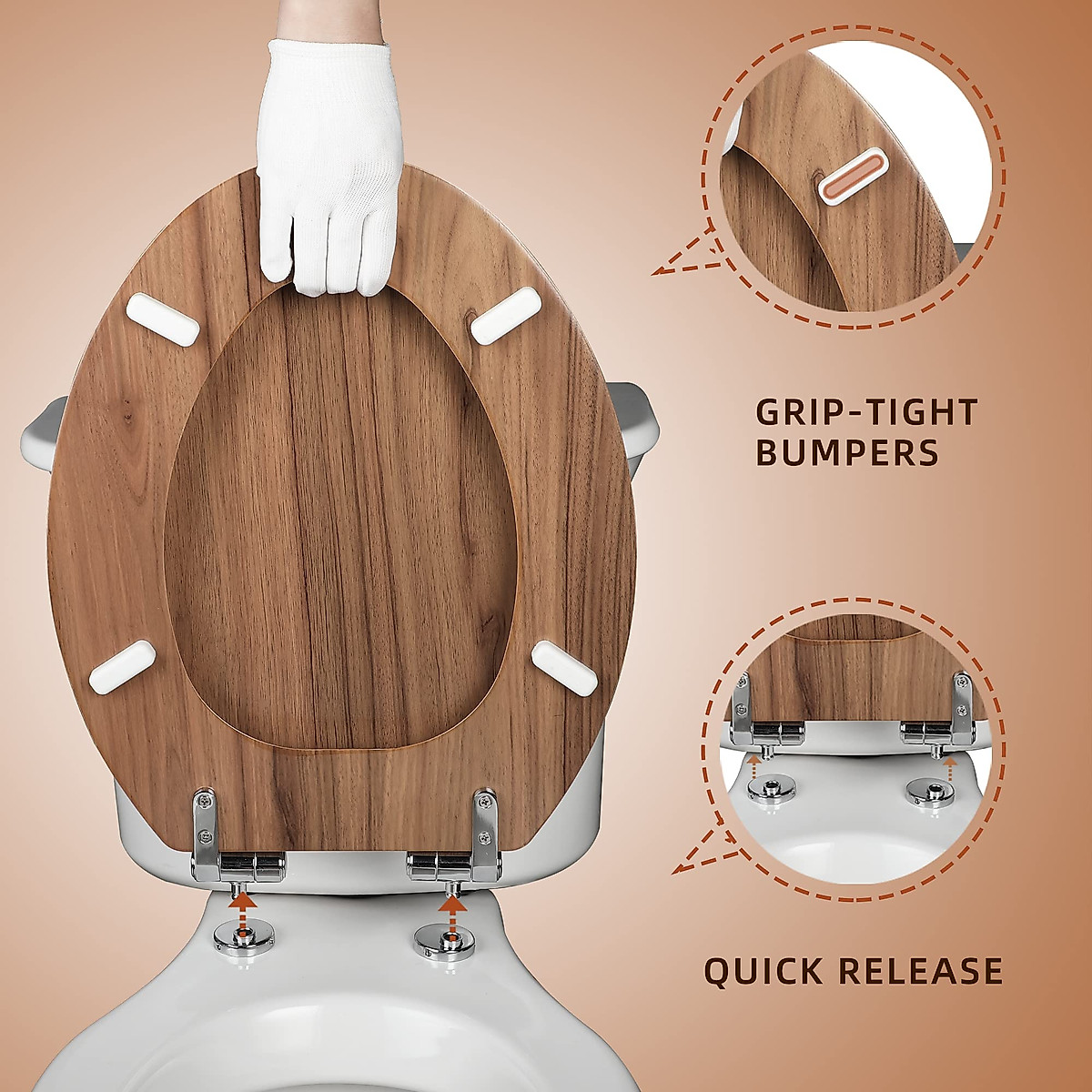 Elongated Toilet Seat Molded Wood Toilet Seat with Quietly Close and Quick Release Hinges, Easy to Install also Easy to Clean by Angol Shiold (Elongated, Natural)