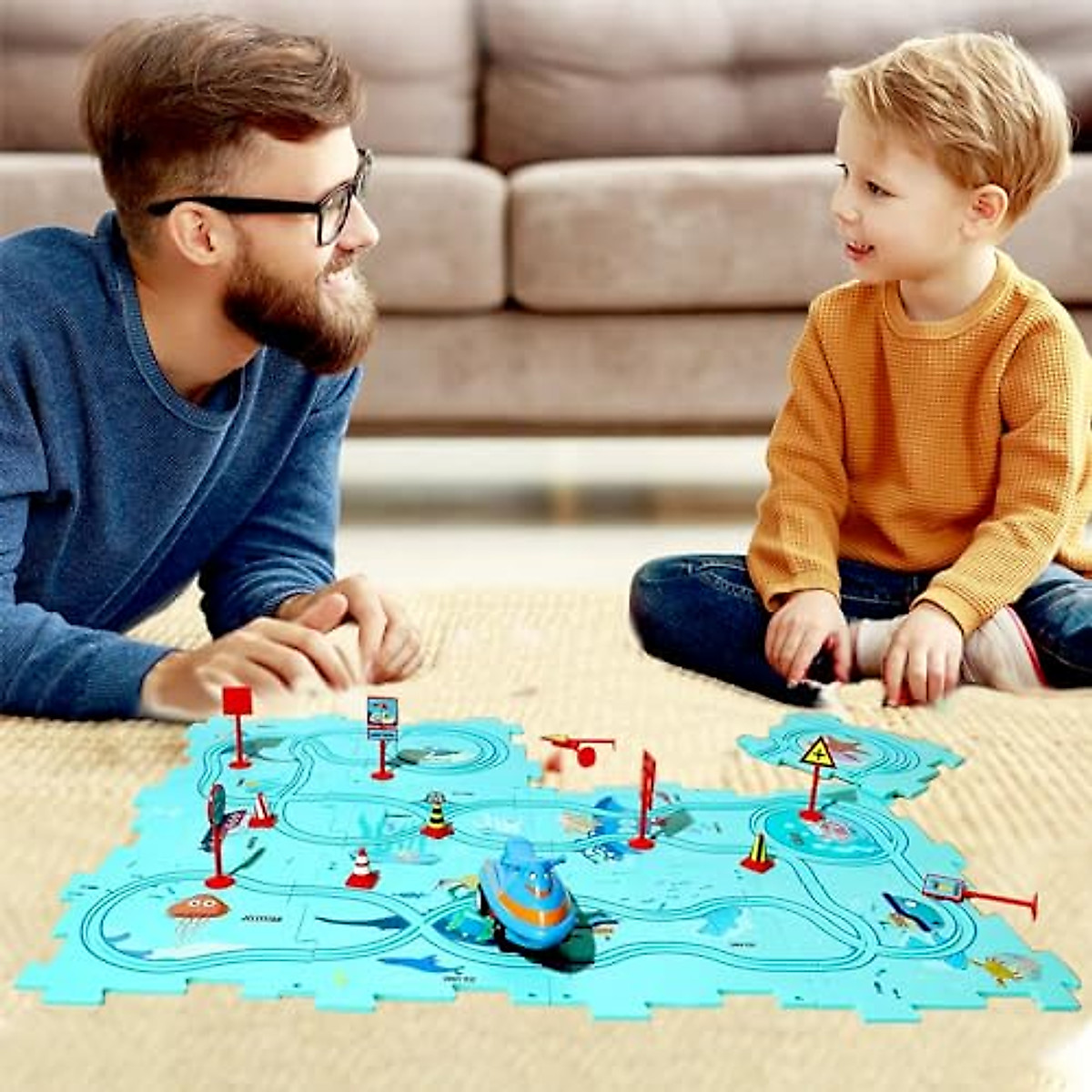 Floor Puzzles for Kids, Puzzle Track Car Play Set, Educational Montessori Toys for 3 4 5 6 Year Old Boys, 3 4 5 6 Year Old Boy Birthday Gift(Ocean)
