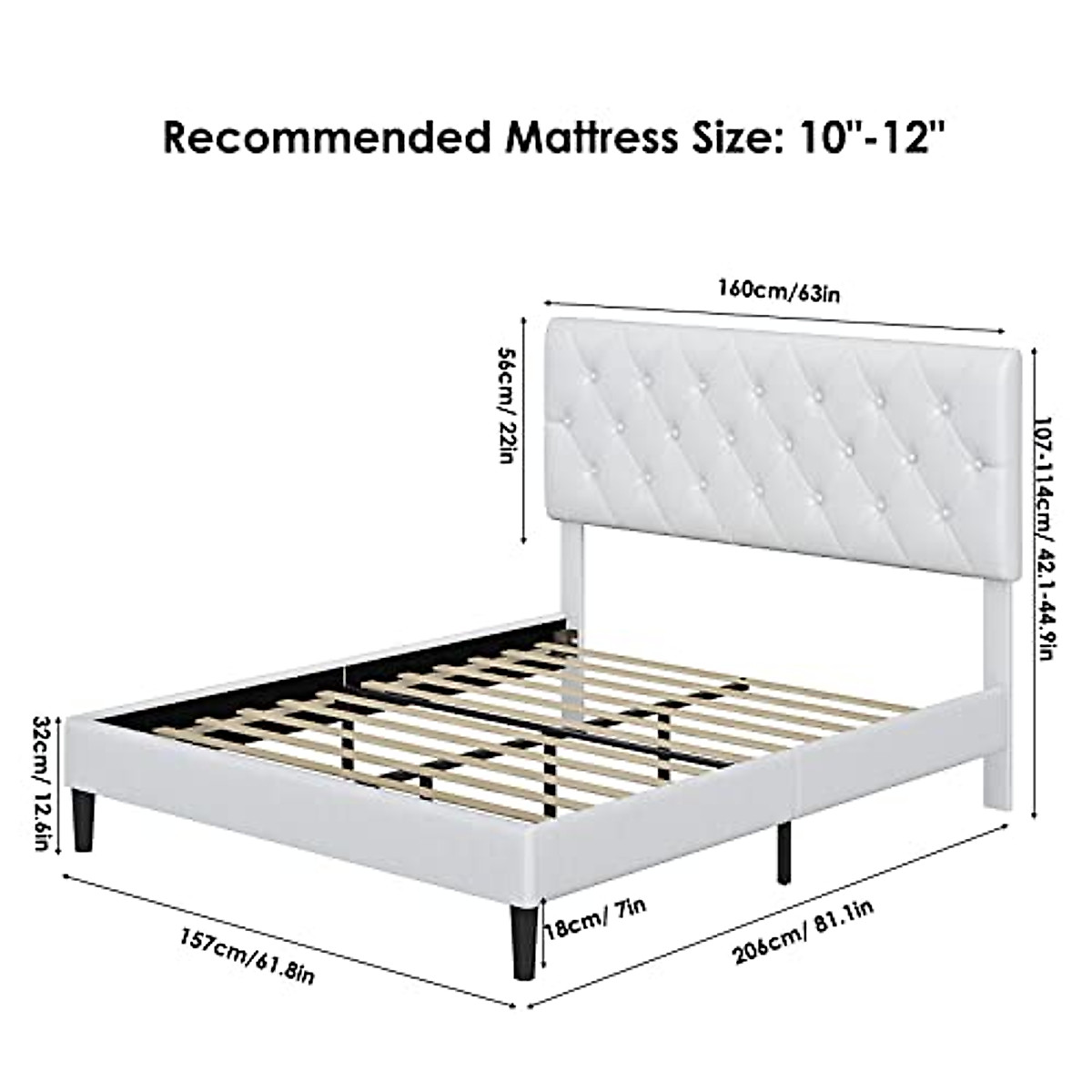 TTVIEW Upholstered Queen Bed Frame with Button Tufted Headboard, Modern Faux Leather Platform Bed with Wooden Slat Support, No Box Spring Needed, Sturdy and Noise-Free, Easy Assembly, White