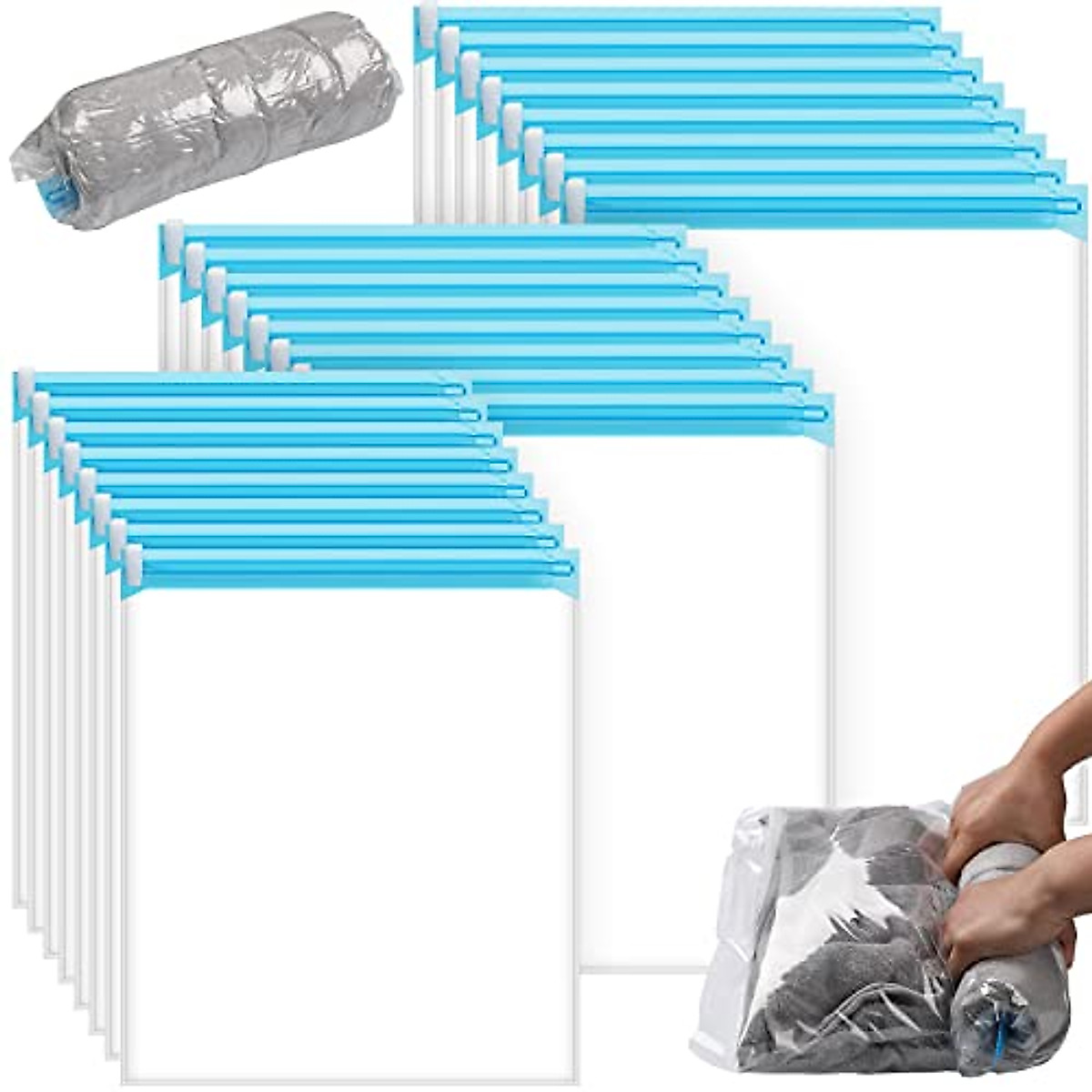 24 Pack Travel Space Saver Bags Rolling Compression Bags Bulk for Packing Luggage Clothes, 8 x XL, 8 x L, 8 x S, Vacuum Seal Storage Bags Roll Up Shrink Bags Without Pump for Traveling Space Saving