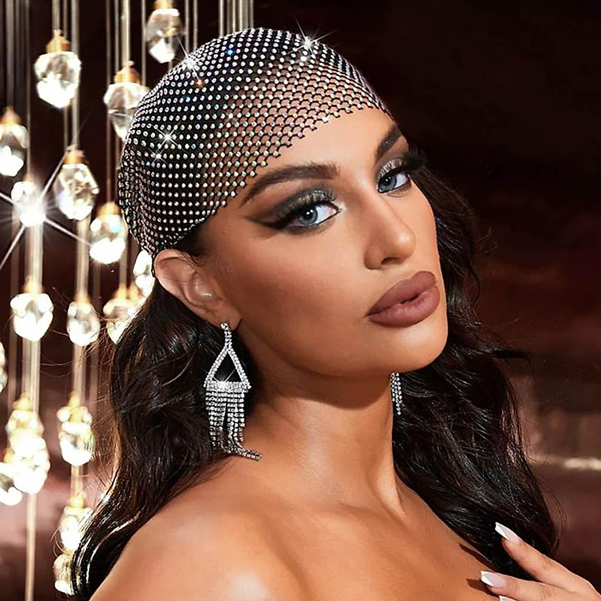 EARENT Mesh Rhinestone Headbands Glitter Wide Head Scarfs Elastic Turban Headwrap Crystal Nightclub Hair Band Rave Costume Party Hair Accessories for Women (A-Black)