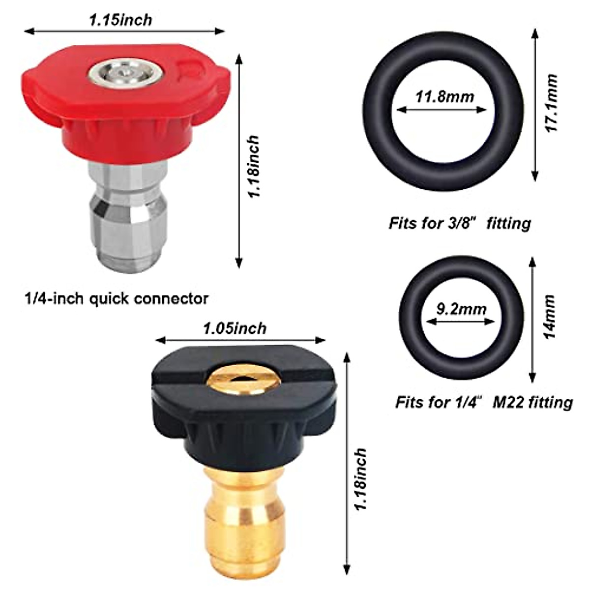 CKANDAY 5 Pack Pressure Washer Spray Nozzles Tips + 40 Pcs O-Rings Replacement for 1/4 inch and 3/8 inch, 5 Degrees Nozzles 1/4 Inch Quick Connection Tips with M22 Quick Connect Coupler Set, 4000 PSI