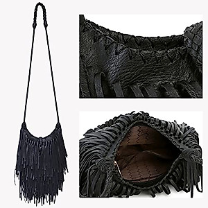 Vintage & Stylish Women Tassel Shoulder Bag PU Leather Bohemian Fringed Crossbody Shoulder Hobo Fringe bag (Black)