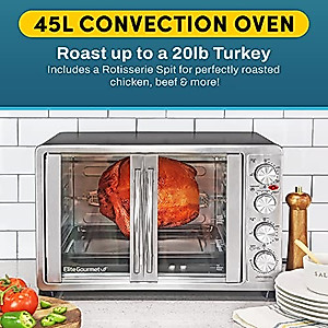 Elite Gourmet ETO4510B# French Door 47.5Qt, 18-Slice Convection Oven 4-Control Knobs, Bake Broil Toast Rotisserie Keep Warm, Includes 2 x 14" Pizza Racks, Stainless Steel