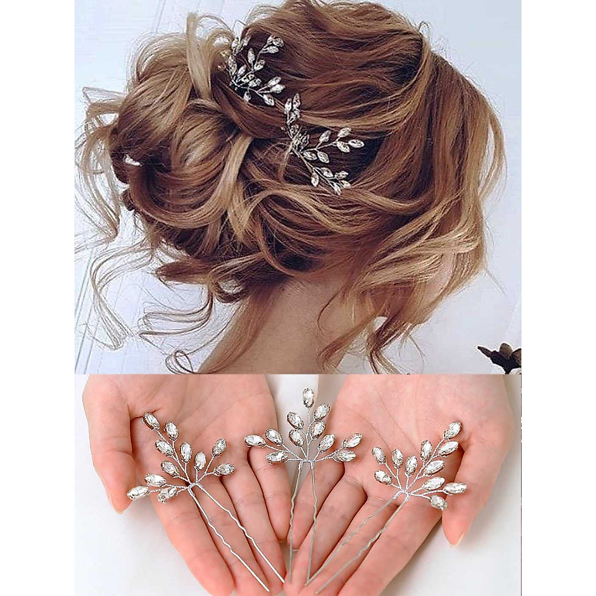 Heread Crystal Bride Wedding Hair Pins Rhinstones Bridal Hair Accessories Head Piece for Women and Girls (Pack of 3) (A Silver)