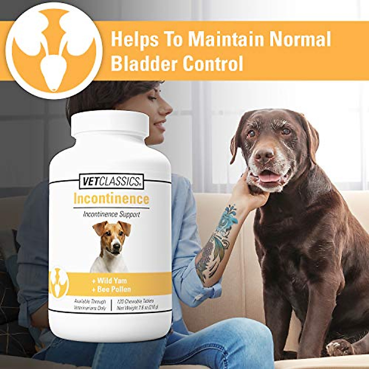 Vet Classics Bladder, Incontinence Support Dog Supplement – Supports Bladder Health for Dogs, Helps With Pet Incontinence – Includes Phytoestrogens, Botanicals – Chewable Tablets – 120 Ct.